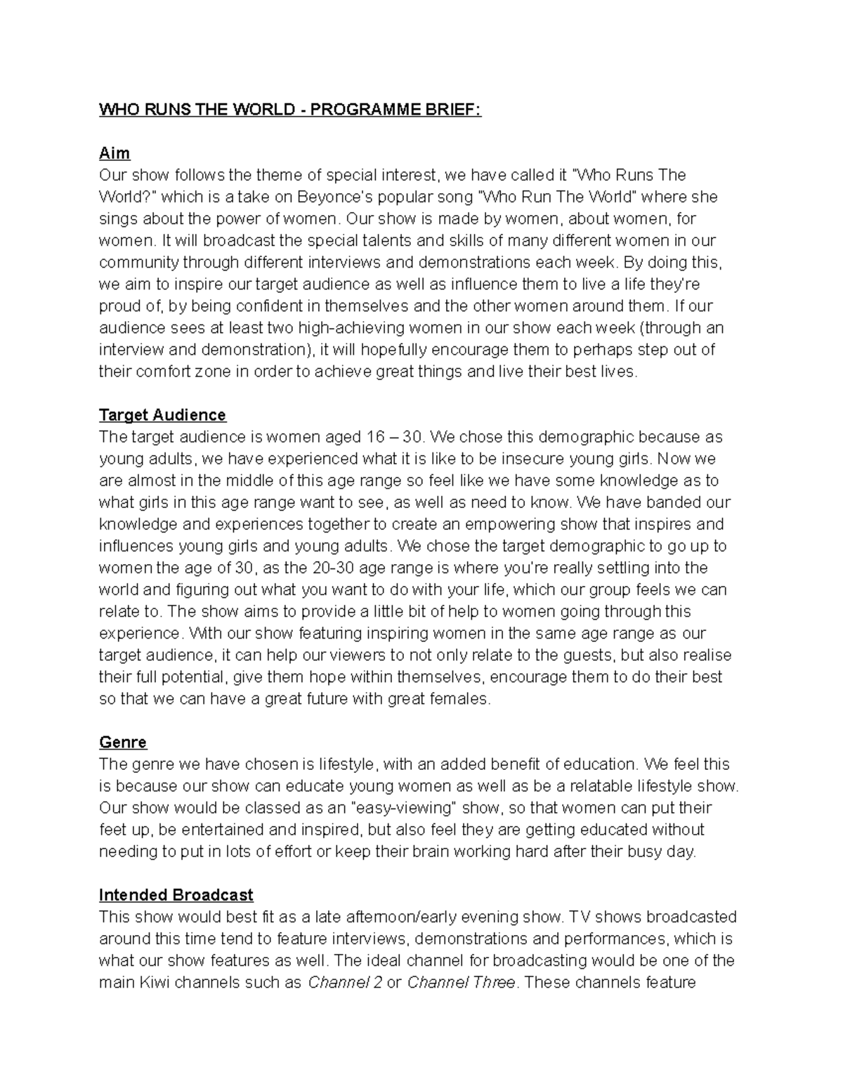 Programme Brief - WHO RUNS THE WORLD - PROGRAMME BRIEF: Aim Our show ...