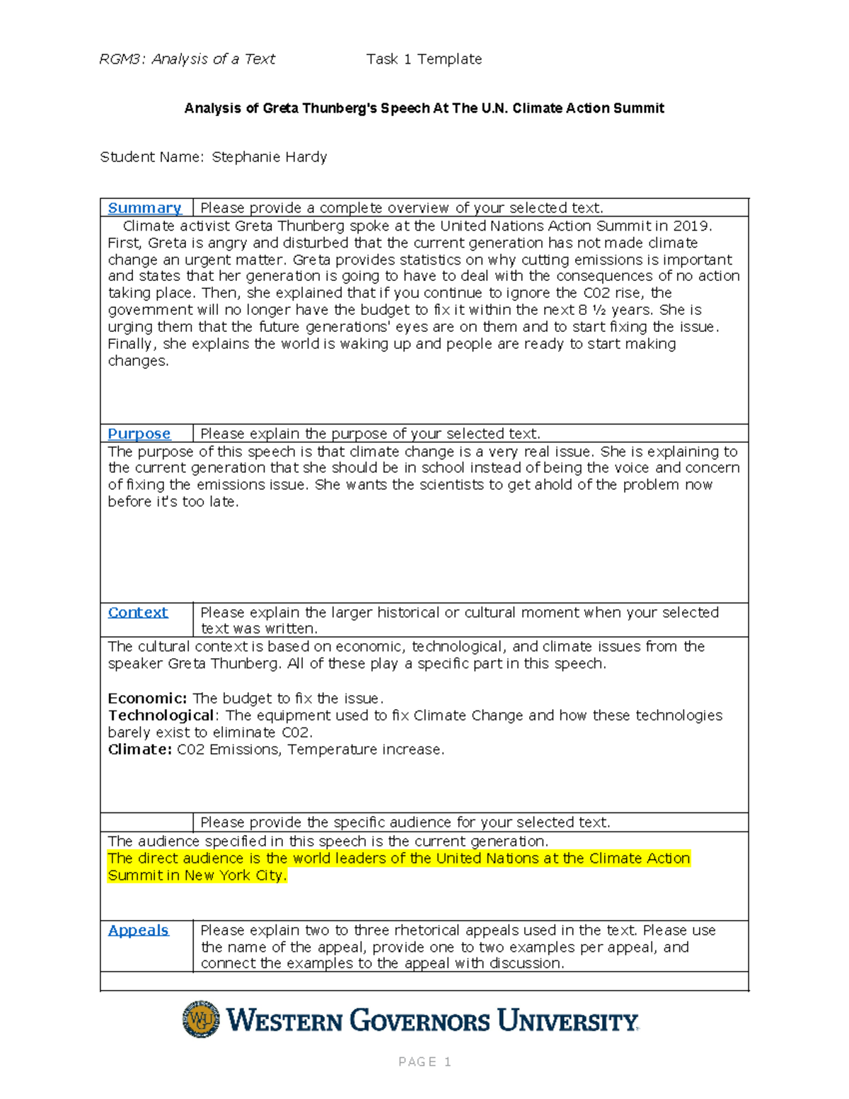 Greta Thunberg Speech - Assessment - RGM3: Analysis of a Text Task 1 Template Analysis of Greta ...