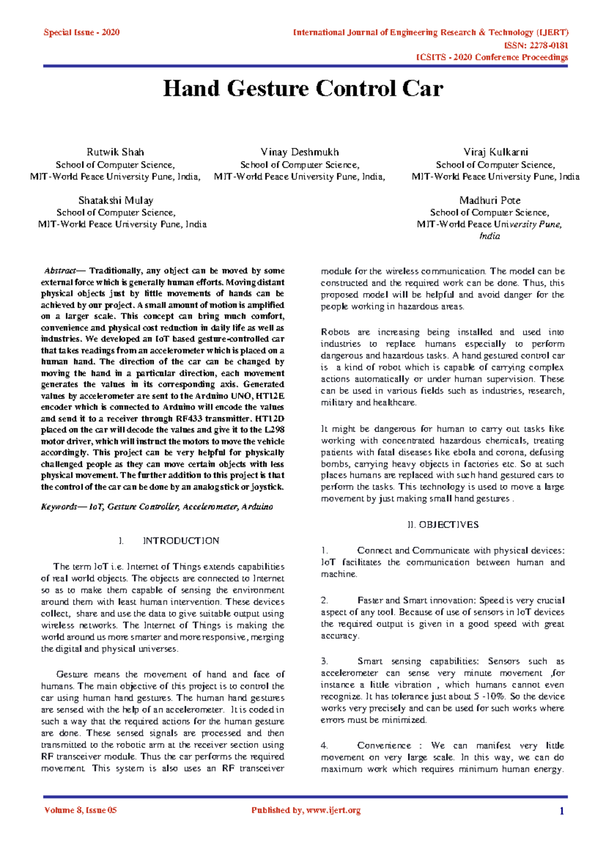 Hand gesture control car Ijertconv 8IS05066 - Hand Gesture Control Car ...