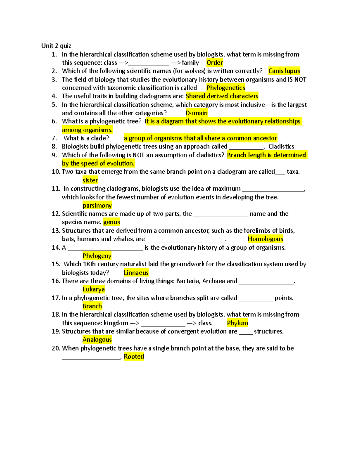 Bio 1012k Unit 2 study guide - Unit 2 quiz 1. In the hierarchical classification scheme used by ...