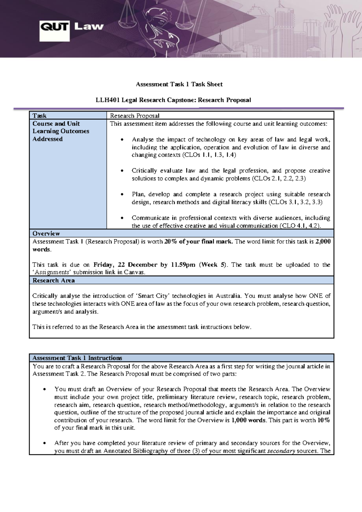LLH401 Assessment 1 - Research proposal - Assessment Task 1 Task Sheet LLH401 Legal Research ...