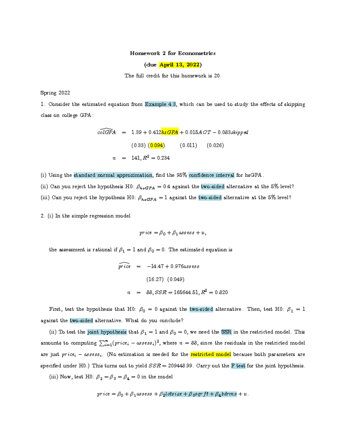 Homework 2 for Econometrics，confidence interval ，t-test,F-test ...