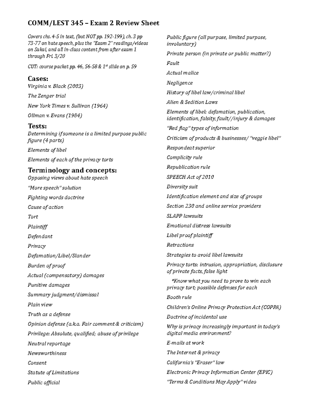 Exam 2 Review Sheet - COMM/LEST 345 – Exam 2 Review Sheet Covers chs. 4 ...