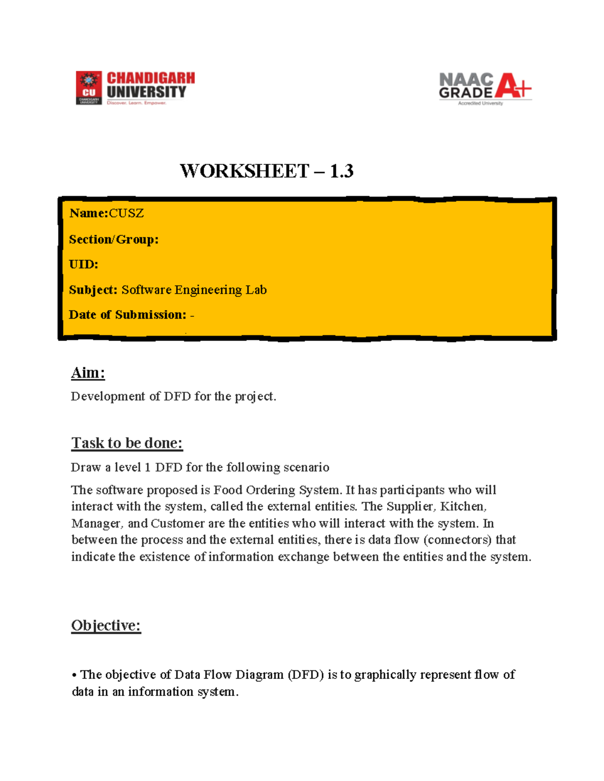 SE EXP 1.3 (1) CUSZ - WORKSHEET – 1. Aim: Development of DFD for the ...