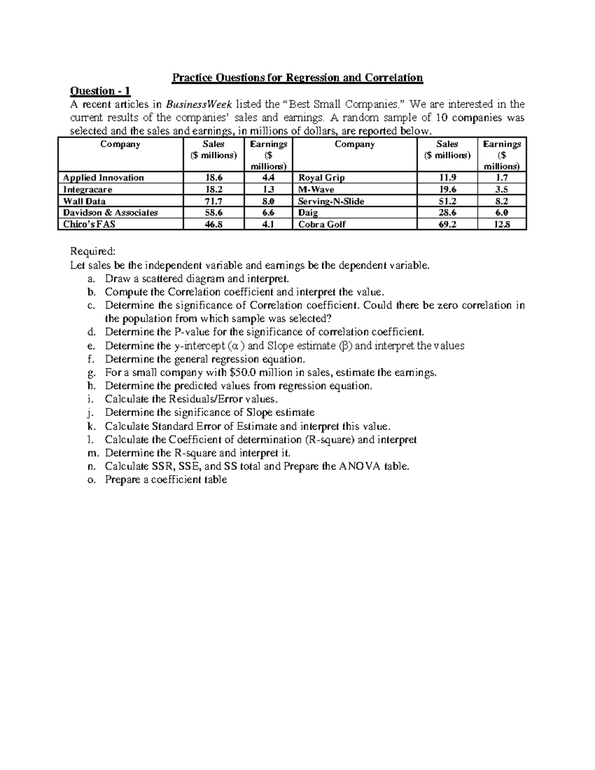 Regression And Correlation Practice Question Practice Questions For Regression And Correlation