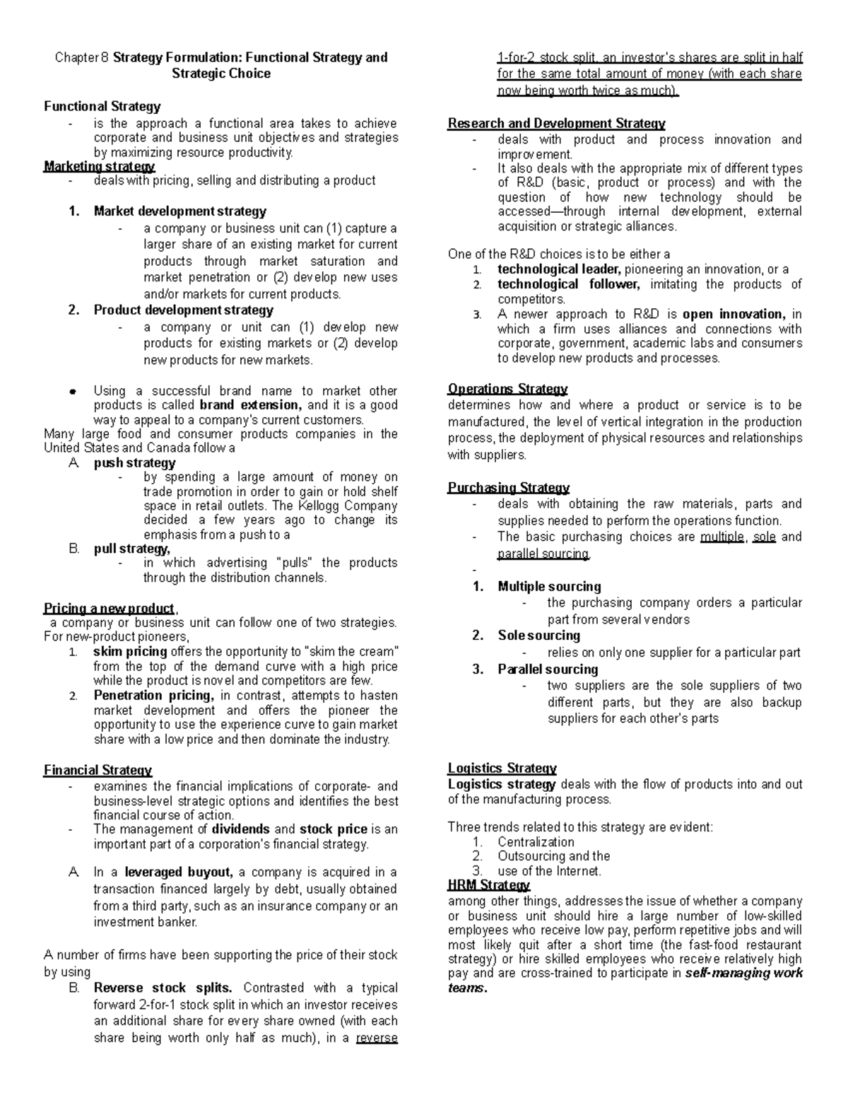 STRATEGIC MANAGEMENT - Chapter 8 Strategy Formulation: Functional ...