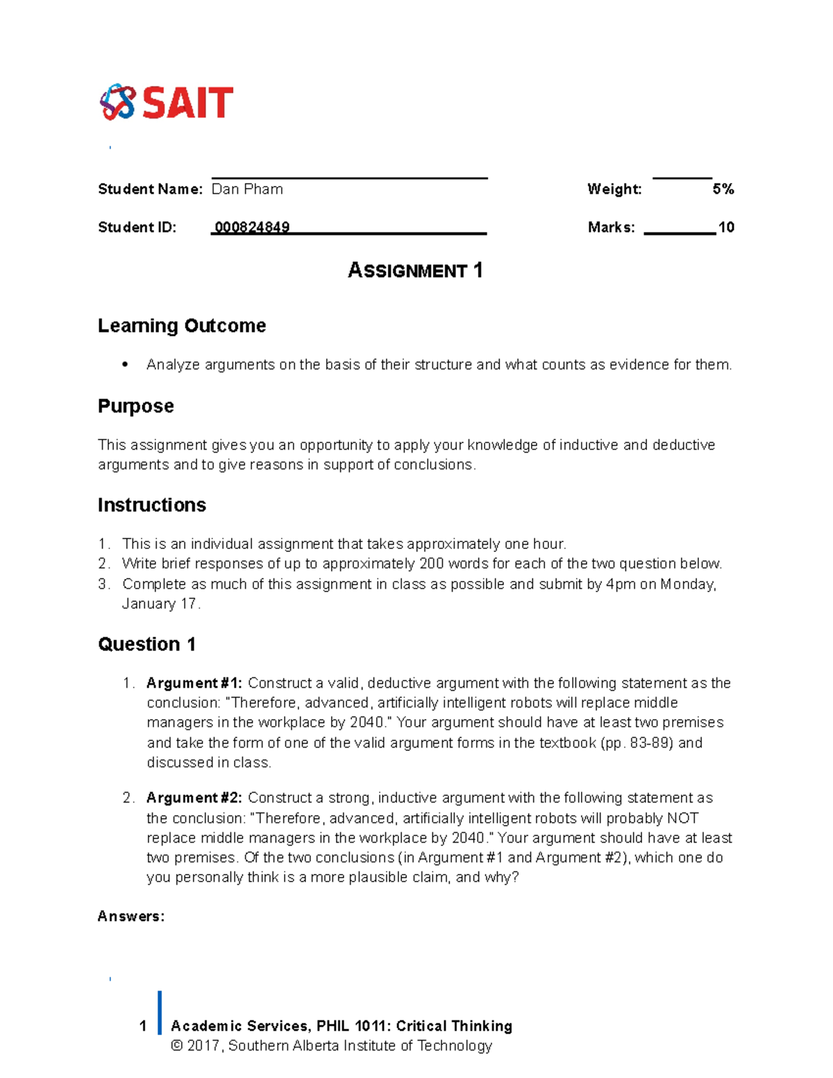 Assignment #1 kjjnkknkn kljkl - Student Name: Dan Pham Weight: 5% ...