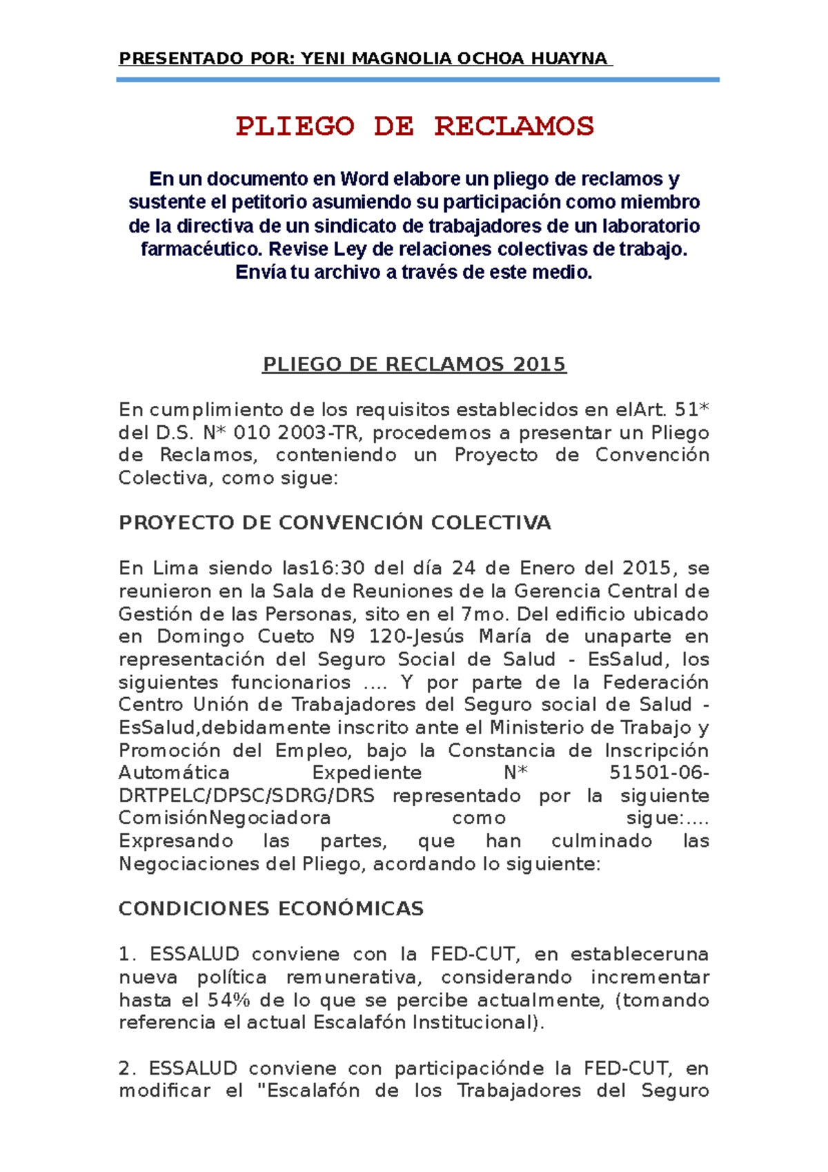 261406518 Pliego de Reclamos - PRESENTADO POR: YENI MAGNOLIA OCHOA ...