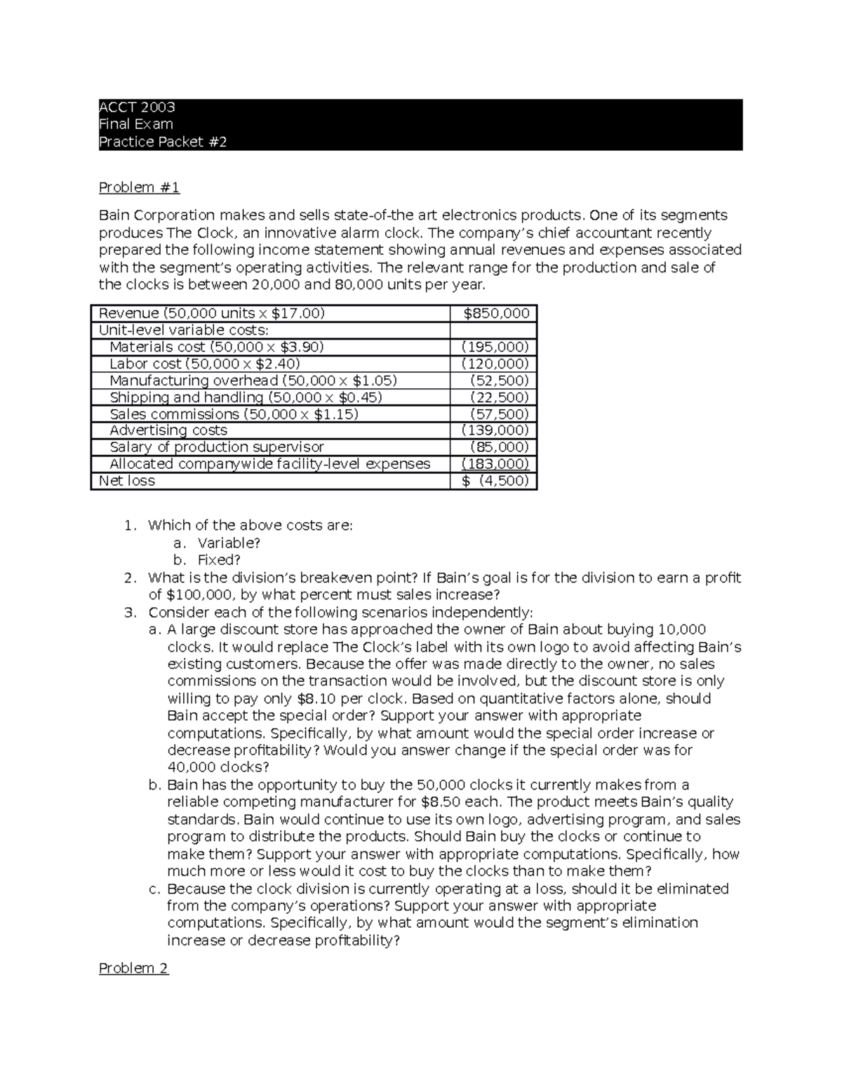 Final Exam Practice Packet #2-1 - ACCT 2003 Final Exam Practice Packet ...