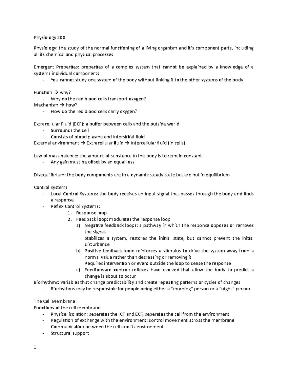 Phsi 208 Midterm 1 Notes Physiology 208 Physiology The Study Of