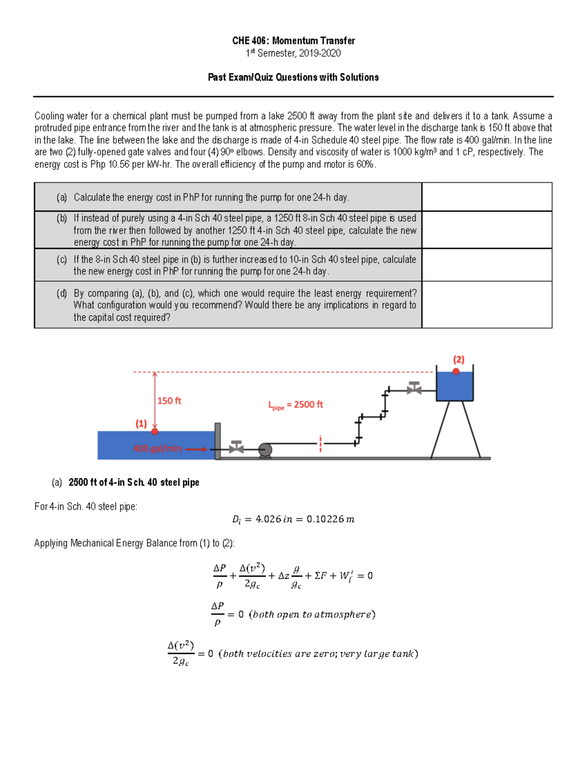 CHE 406 - Mechanical Energy Balance Solved Problems - CHE 406: Momentum ...