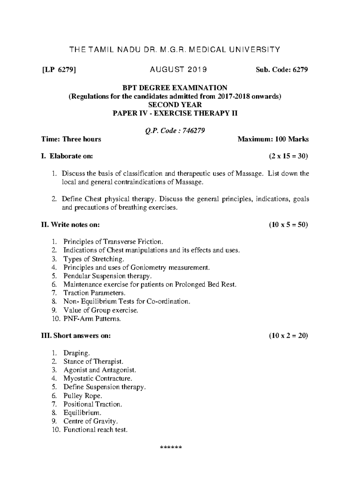 746279 LP - Question paper mgr university - [LP 6279] AUGUST 2019 Sub ...
