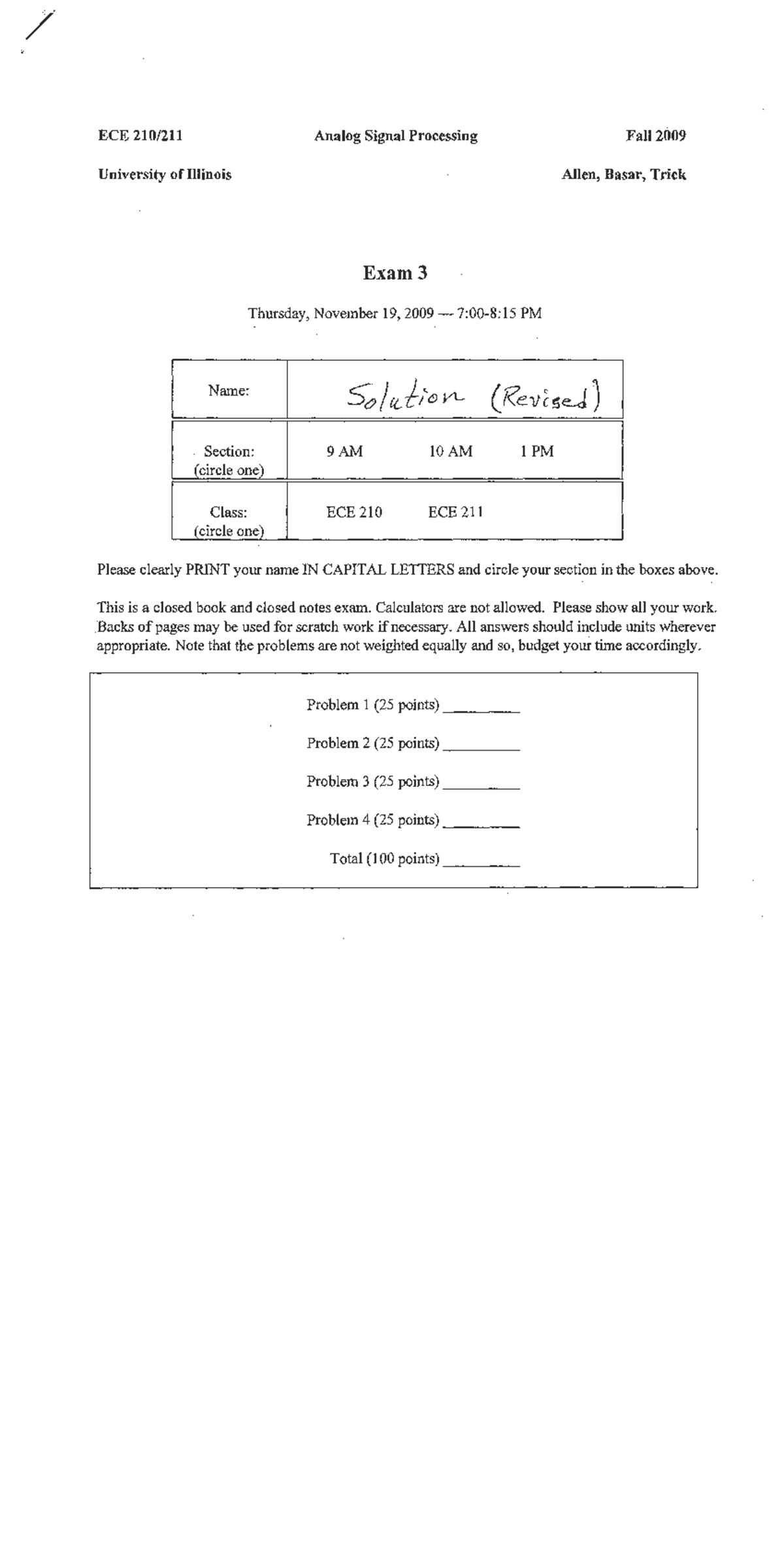 09F 210Exam3soln - Midterm exam 3 with solutions - ECE Analog Signal Processing Fall 2009 ...