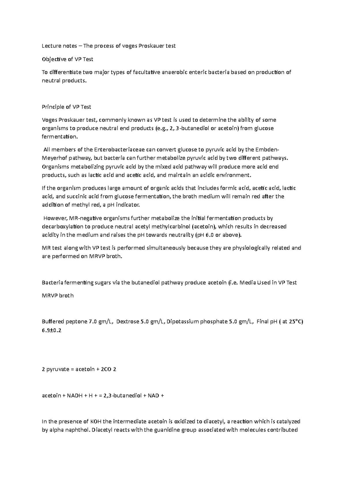 Lecture notes – The process of voges Proskauer test - Principle of VP ...