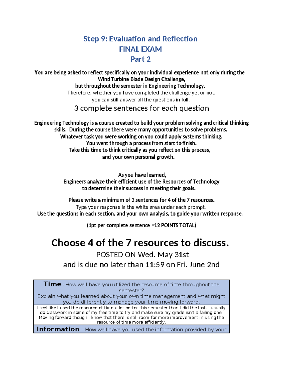 Step 9 - Evaluation and Reflection - Final Exam Part 2 - Step 9 ...