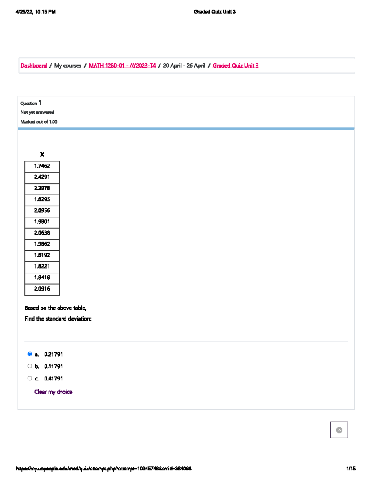 Graded quiz unit 3 - MATH 1280 - Studocu