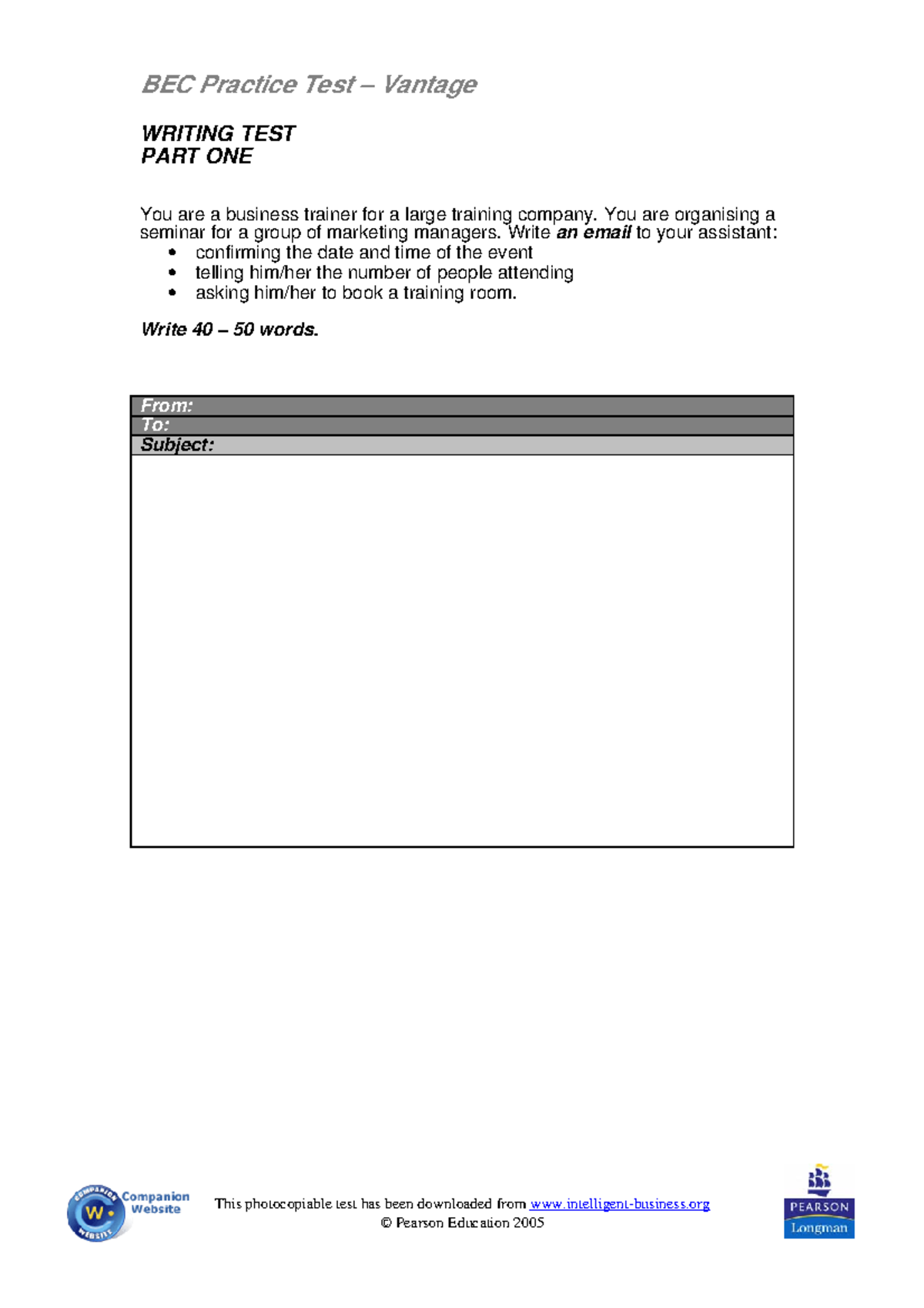Writing Test - dfdfdf - BEC Practice Test – Vantage This photocopiable ...