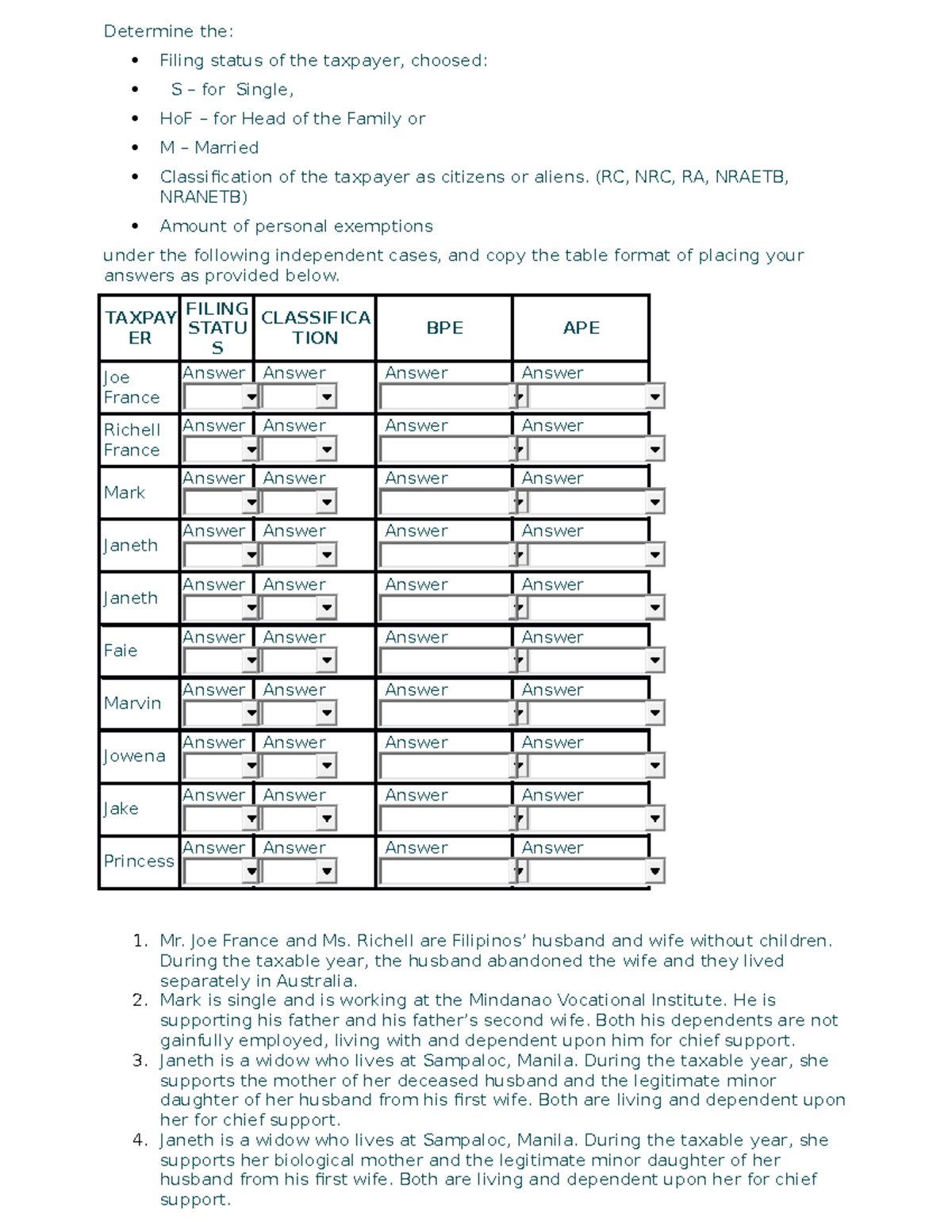 Prelim - Determine the: Filing status of the taxpayer, choosed: S – for ...