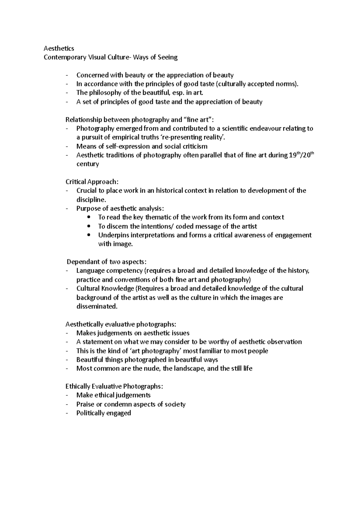 Aesthetics - Lecture notes 3 - Aesthetics Contemporary Visual Culture ...