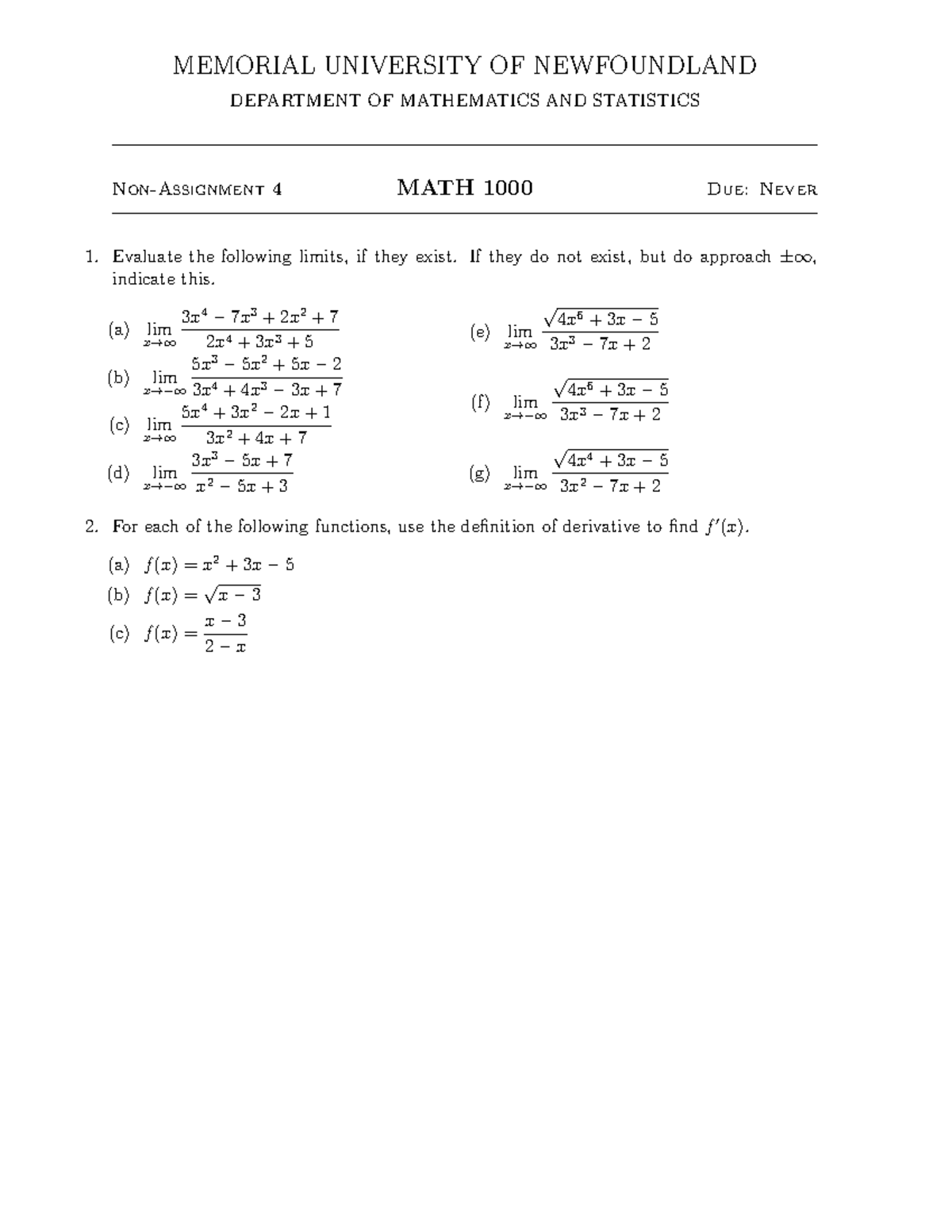 Practice questions - MEMORIAL UNIVERSITY OF NEWFOUNDLAND DEPARTMENT OF ...