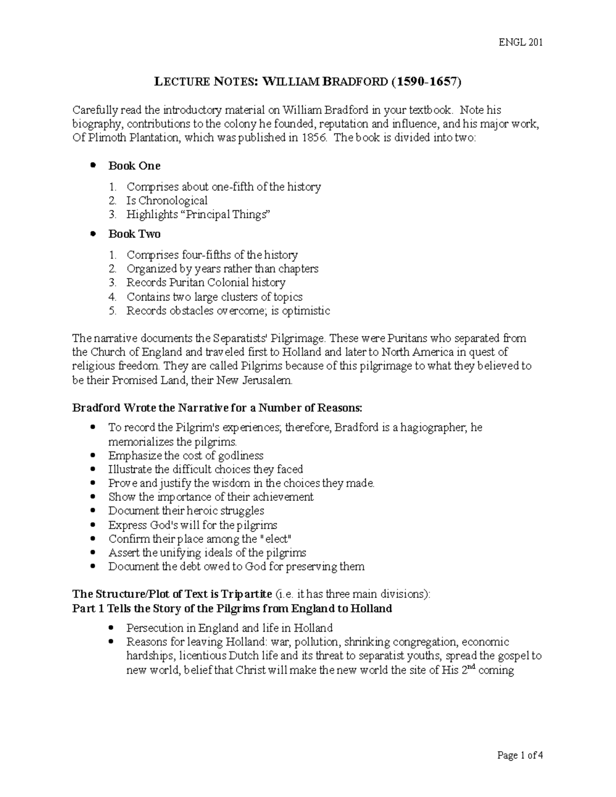 Lecture Notes William Bradford - LECTURE NOTES: WILLIAM BRADFORD (1590 ...