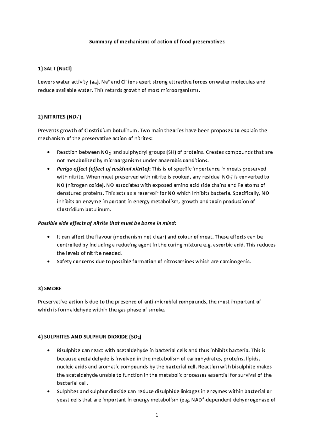 Summary of mechanisms for action of food preservatives FST 352 - 1 ...