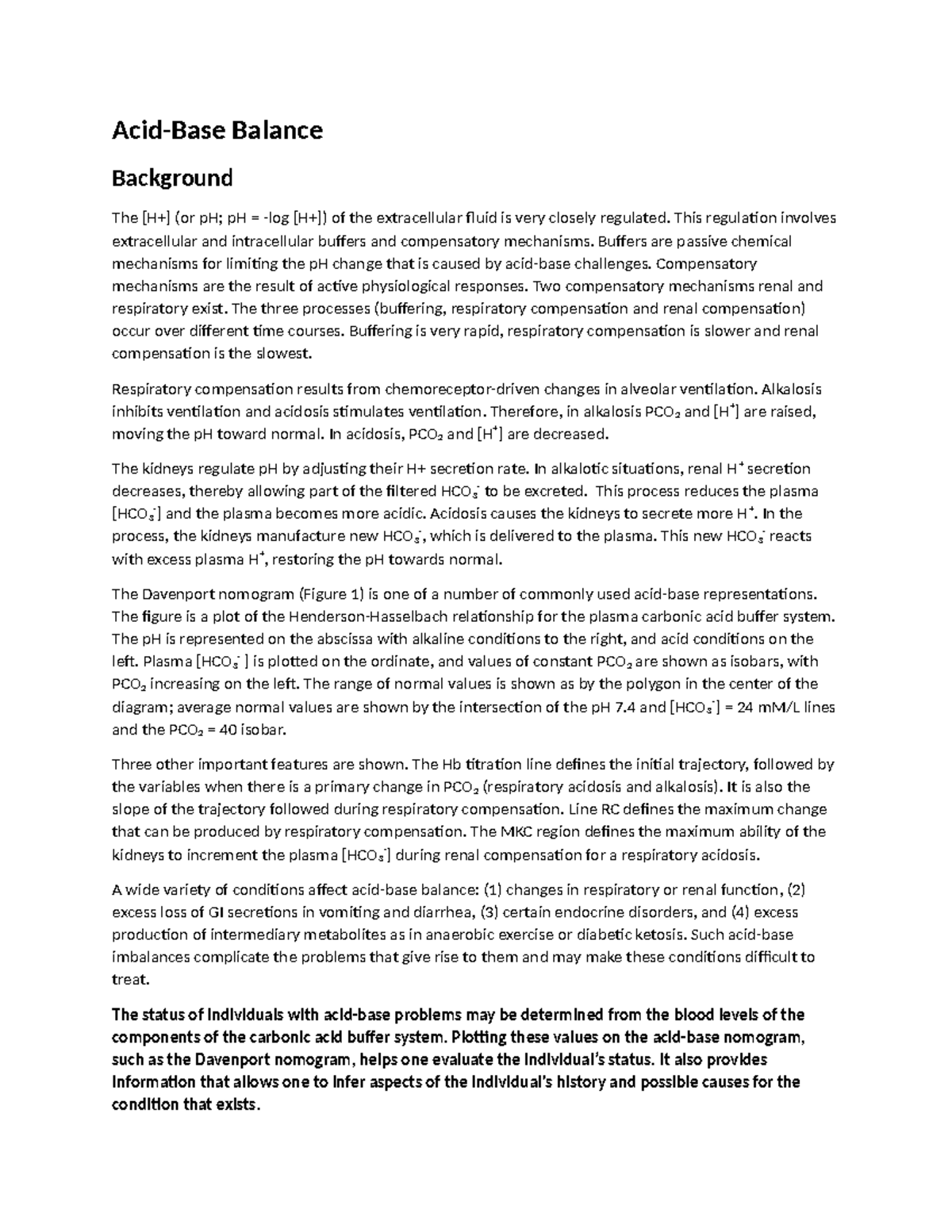 Acid Base - Compensatory mechanisms - Acid-Base Balance Background The ...