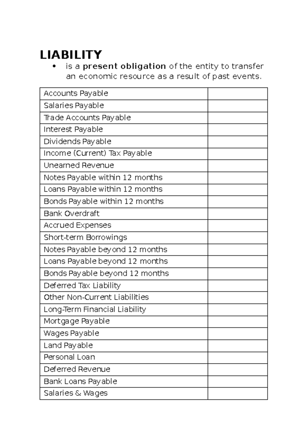 A5 Liability - account titles - LIABILITY is a present obligation of ...