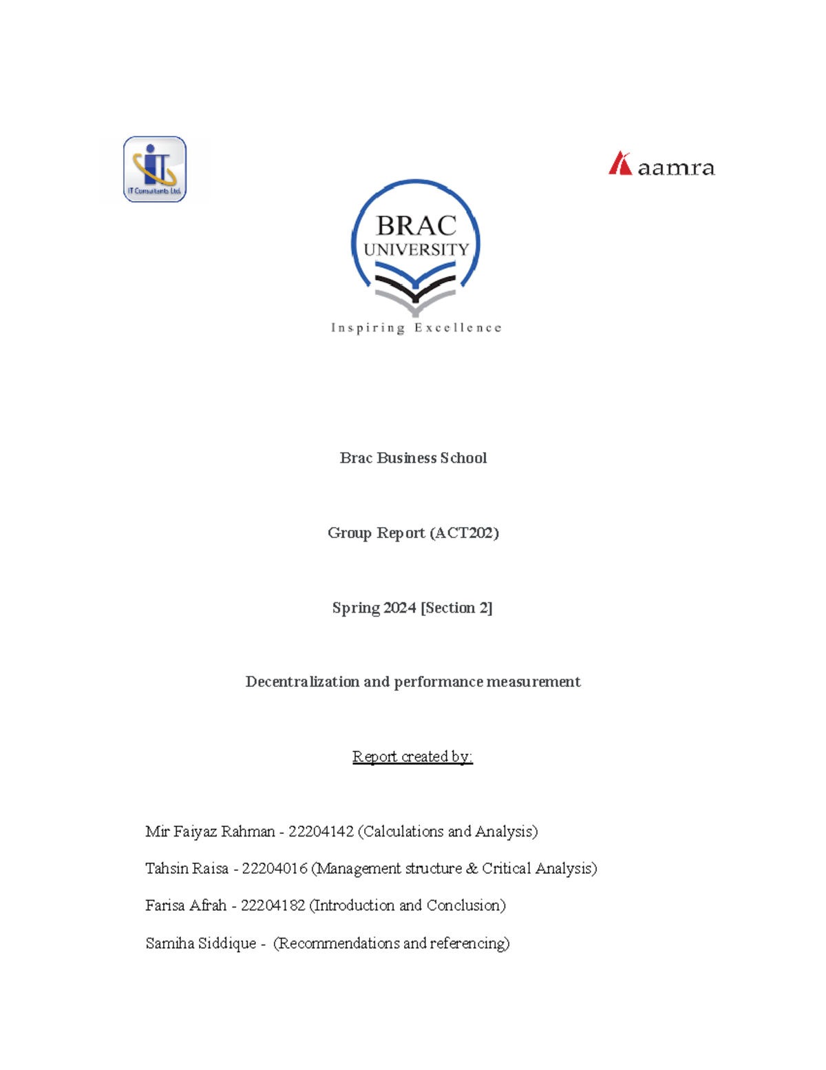 ACT202 TP - Term paper - Brac Business School Group Report (ACT202 ...