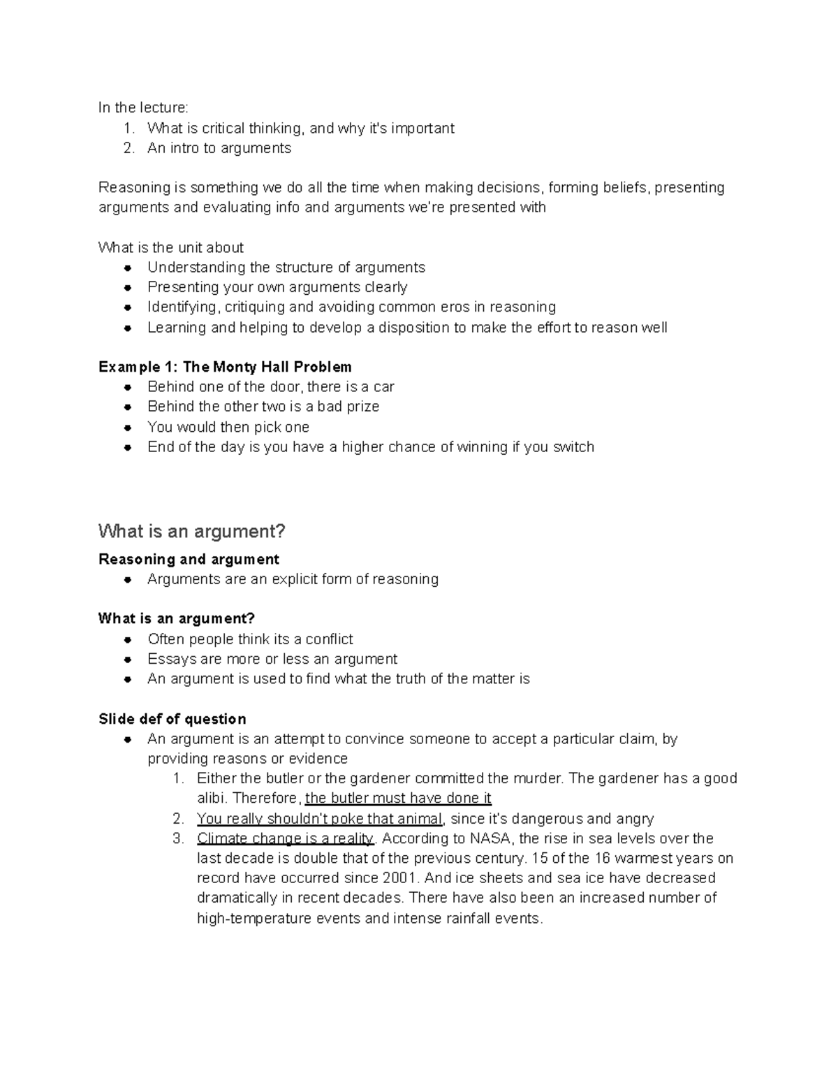 Lecture One - Intro to Critical Thinking - In the lecture: 1. What is ...