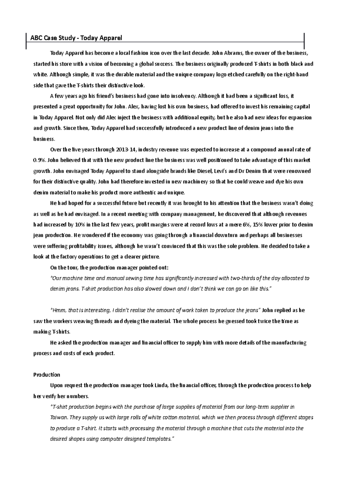 CMS Tutorial 5 ABC Case Study - ABC Case Study - Today Apparel Today ...