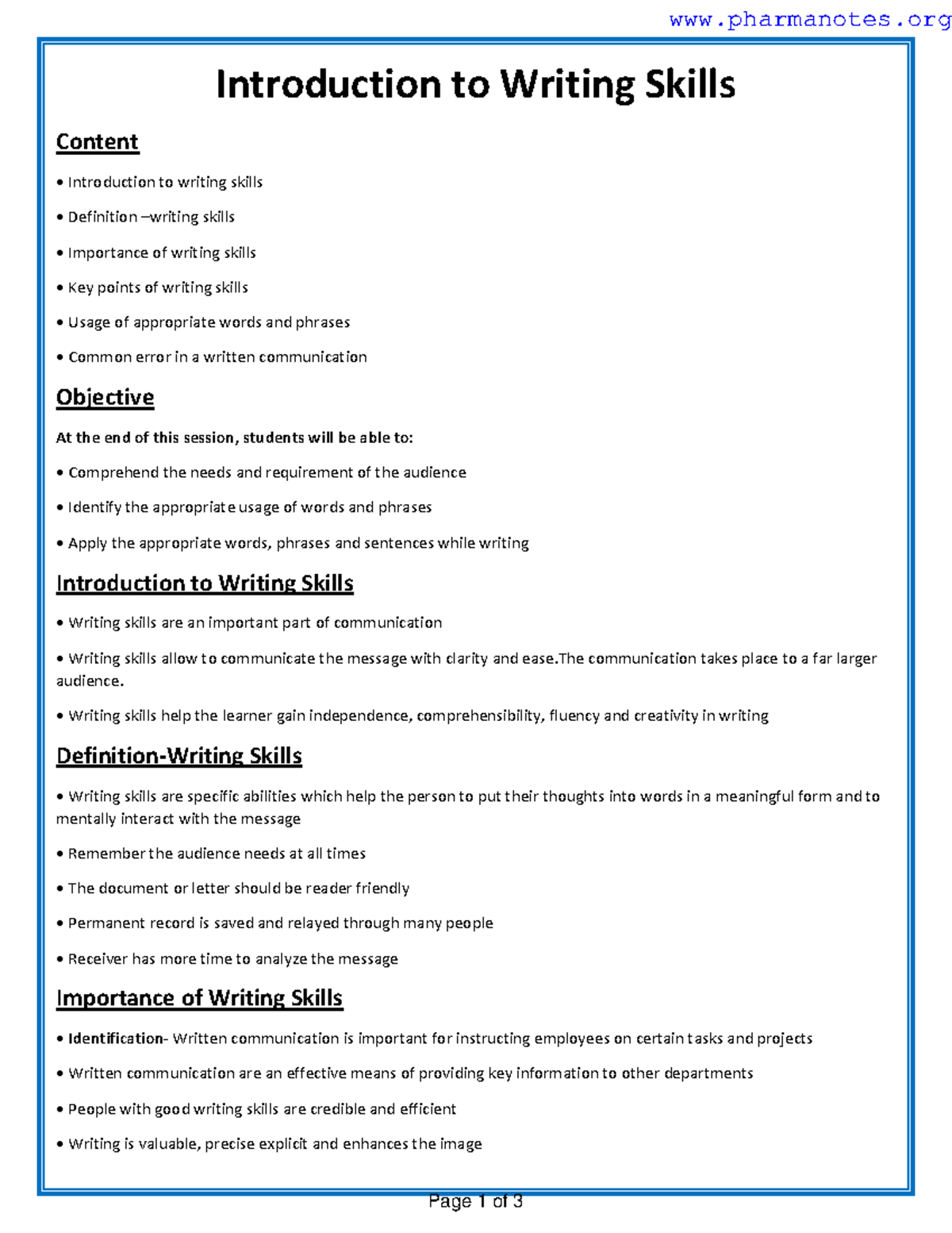 Introduction to Writing Skills - Introduction to Writing Skills Content ...