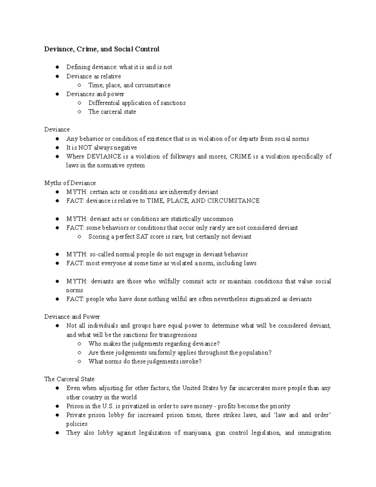 Class Lecture Notes - Deviance, Crime, and Social Control Defining ...