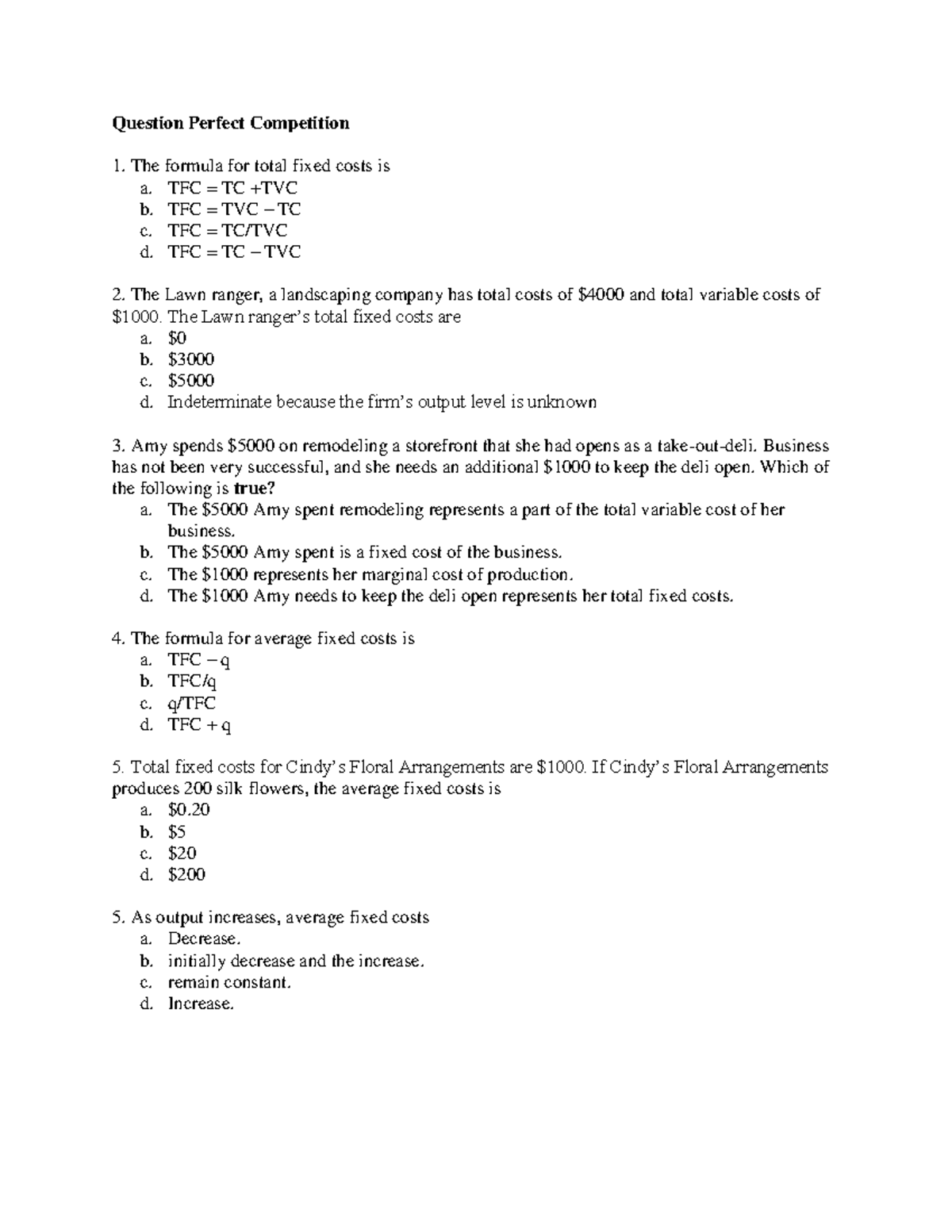 Questions for Practice- Perfect Competition - Question Perfect ...
