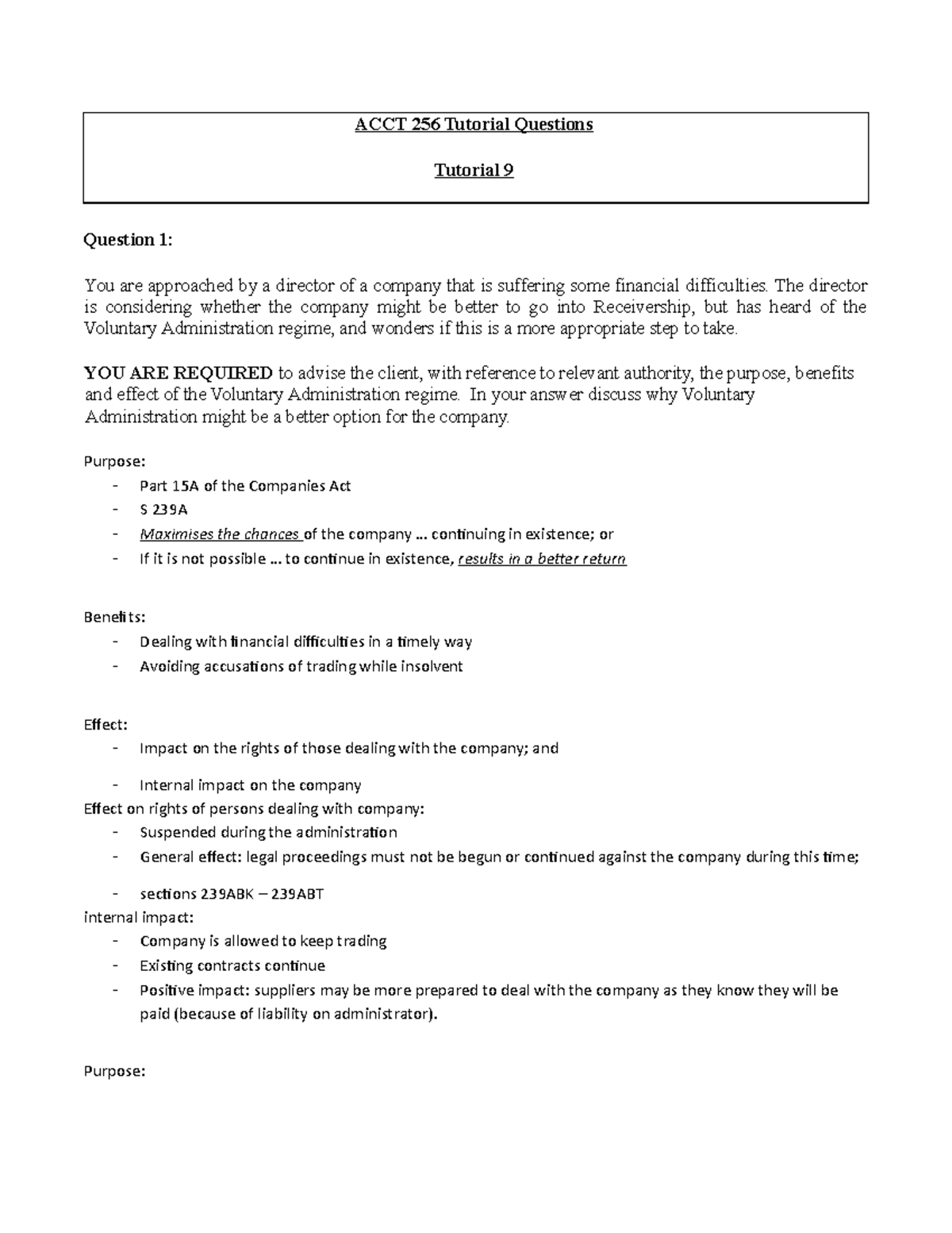 Tutorial 9 governance - ACCT 256 Tutorial Questions Tutorial 9 Question ...