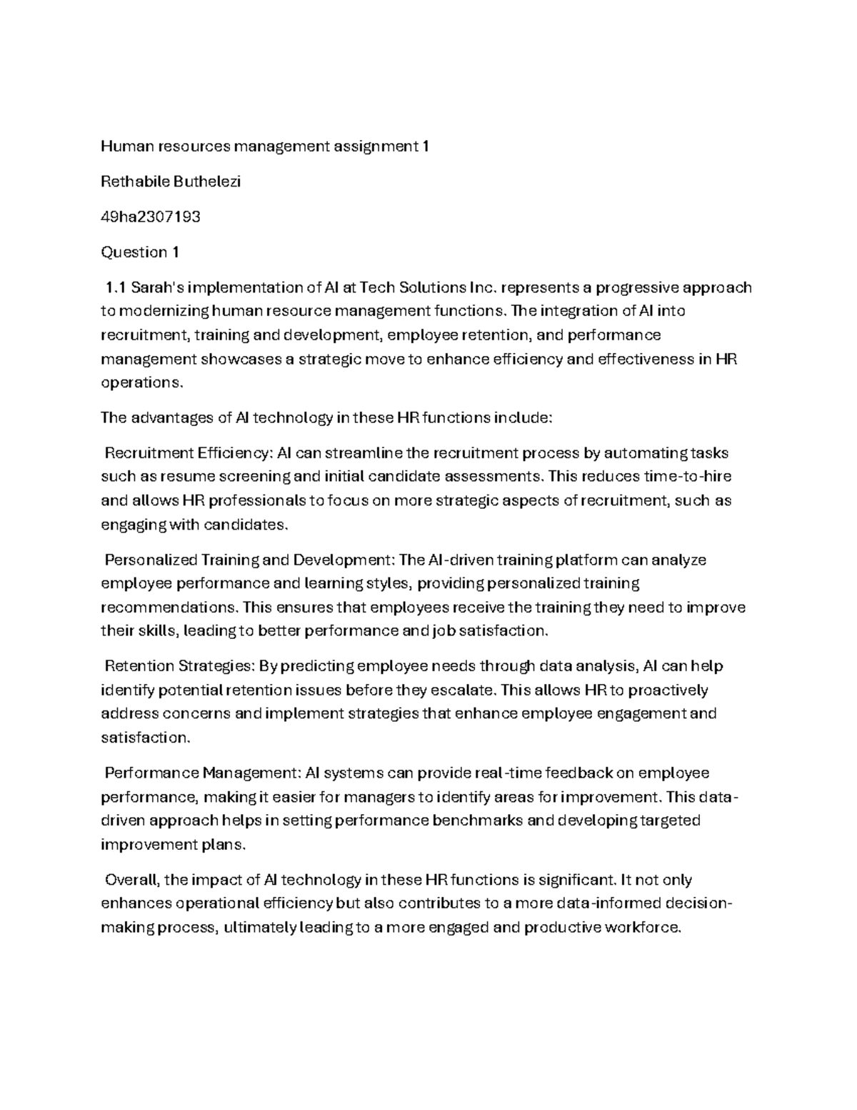 Human r of - assignment memo - Human resources management assignment 1 Rethabile Buthelezi 49ha ...