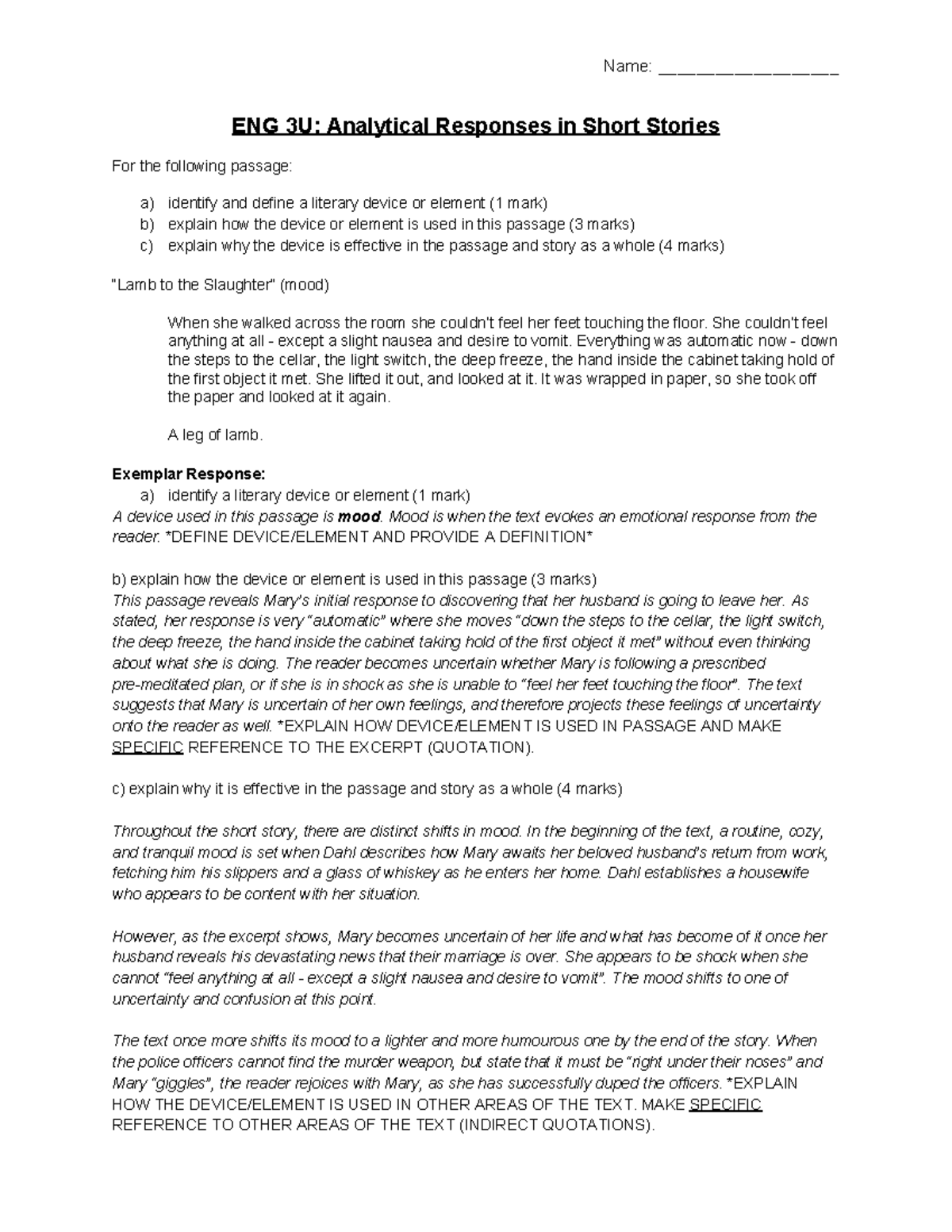 Analytical Response Exemplar Lt S - Name: ___________________ ENG 3U ...