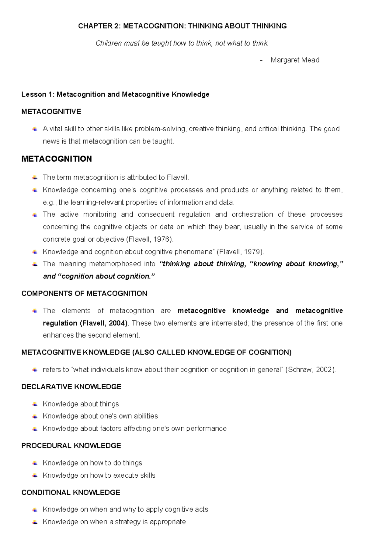 Metacognitive- Metacognition - CHAPTER 2: METACOGNITION: THINKING ABOUT THINKING Children must ...