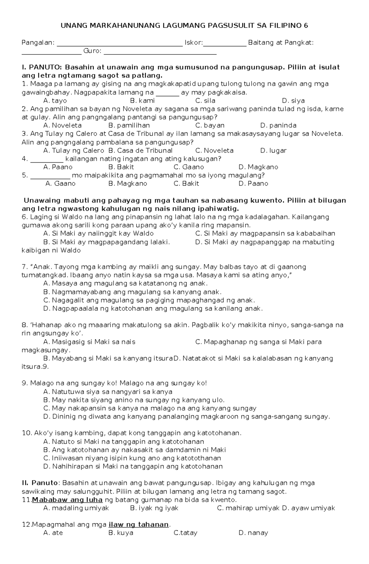 Fil 6 1st summative - for academe - UNANG MARKAHANUNANG LAGUMANG ...