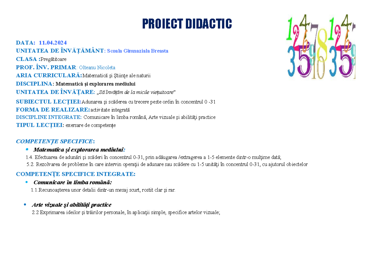 Proiect de lectie11 - PROIECT DIDACTIC DATA: 11. UNITATEA DE ÎNVĂŢĂMÂNT ...