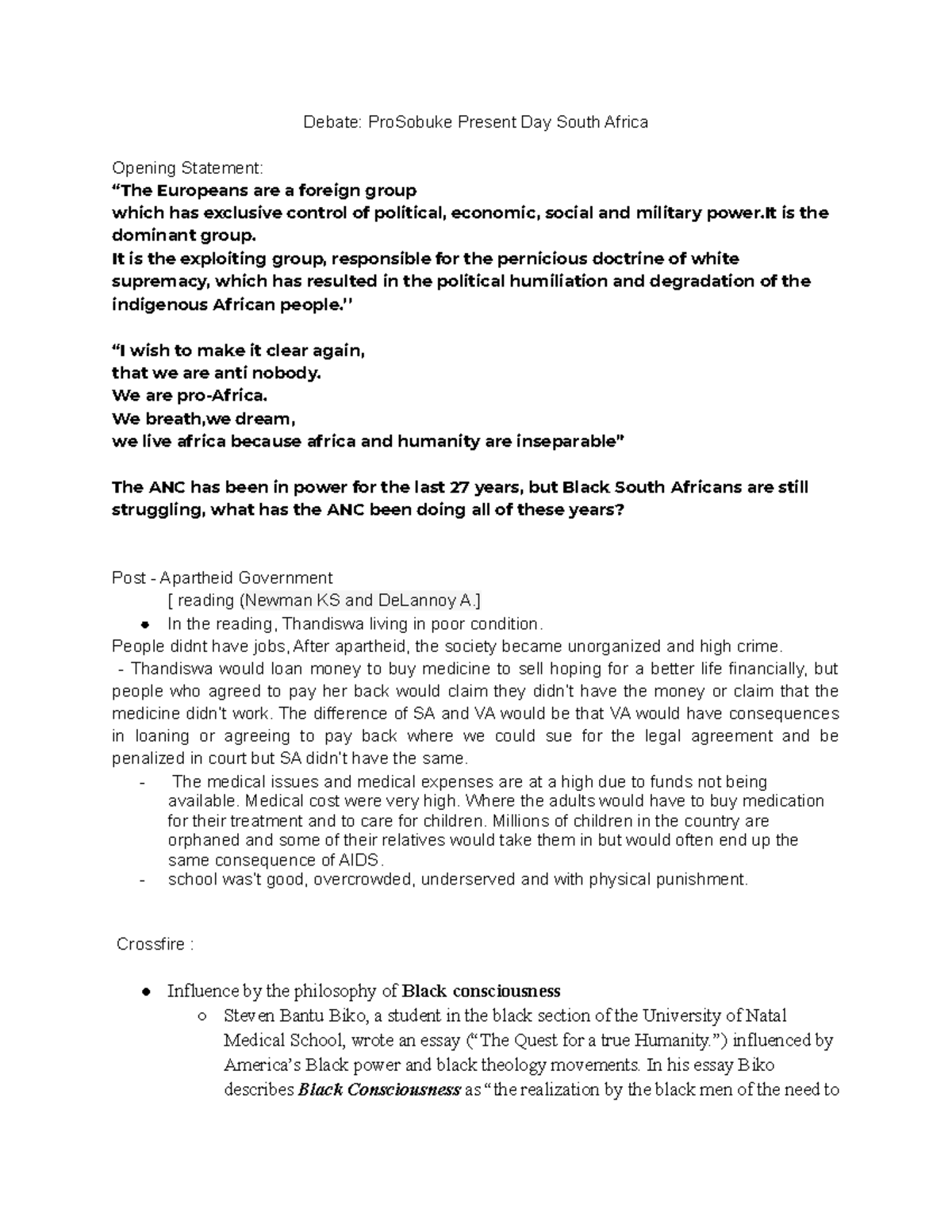 Debate Notes for Sobukwe - Debate: ProSobuke Present Day South Africa ...