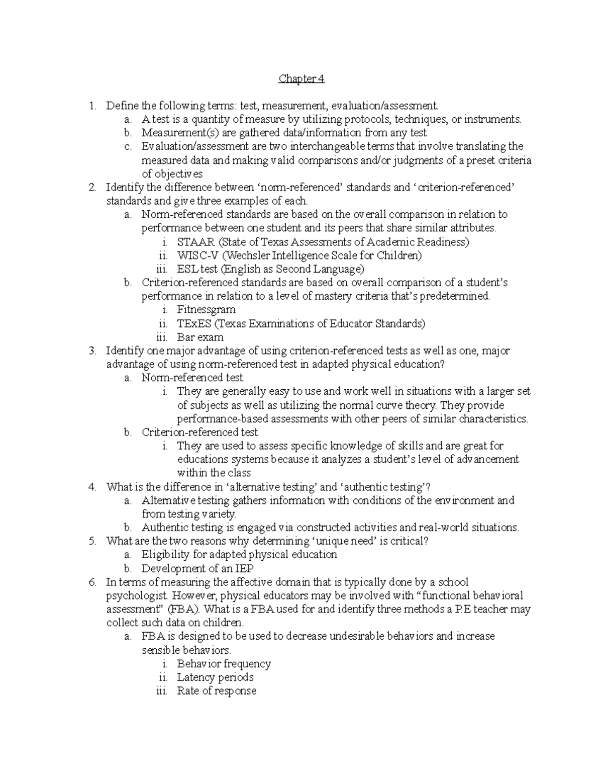 Chapter 4 Analysis Questions - KINE 4339 - TAMUCC - Studocu