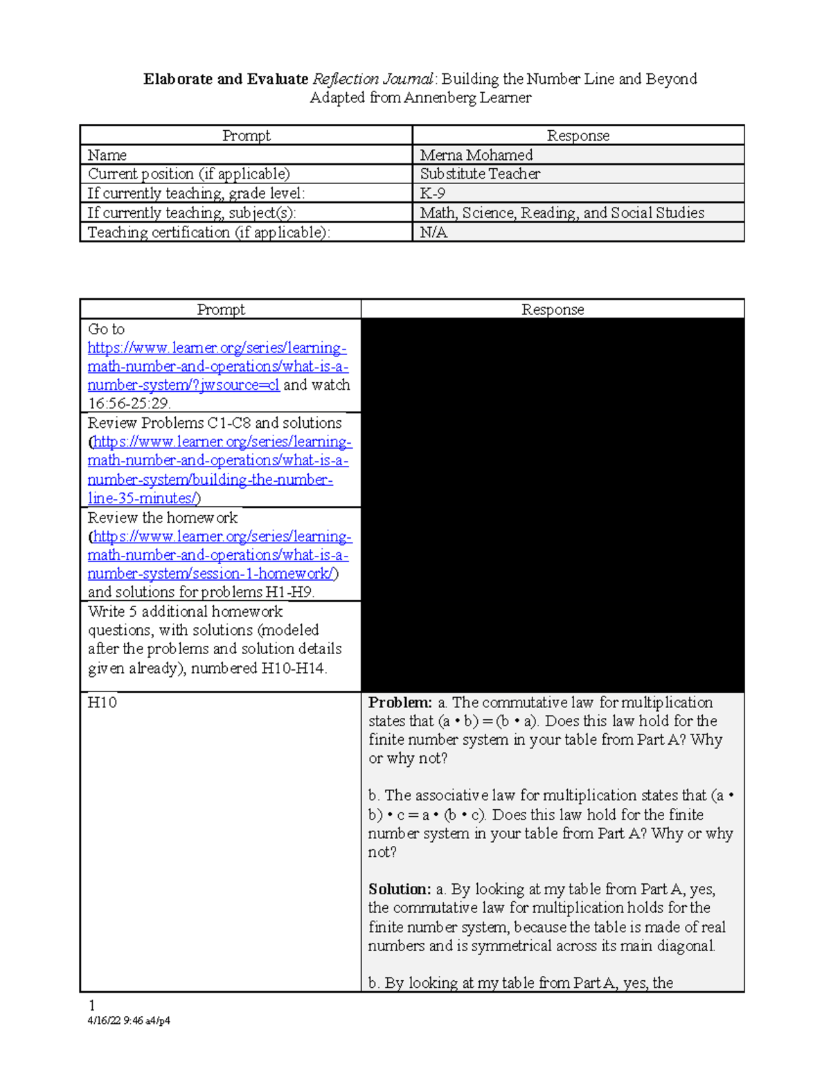 Elaborate and Evaluate Reflection Journal Building the Number Line and ...
