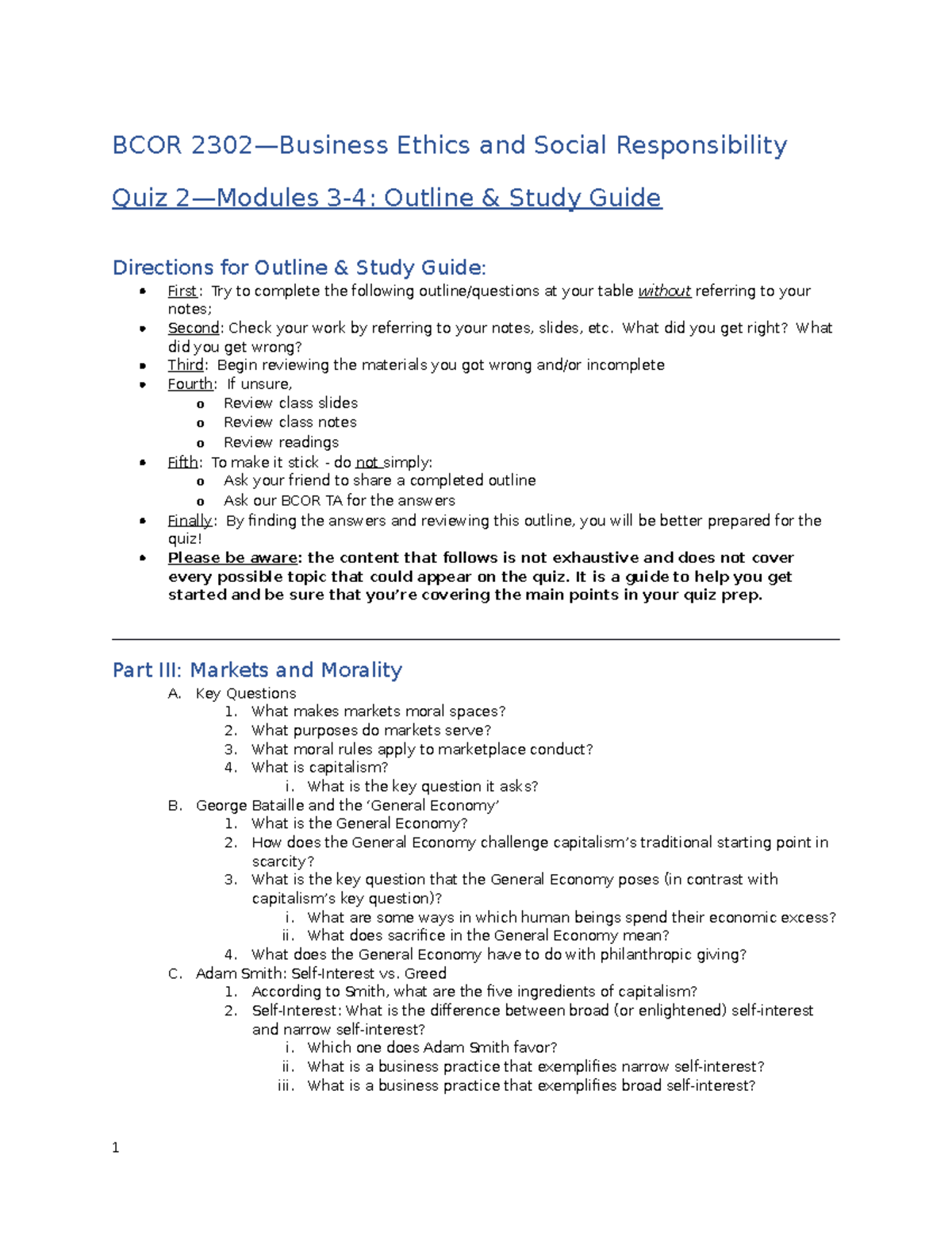 Outline, Study Guide, and Sample Questions (BCOR 2302) Quiz #2 - BCOR ...