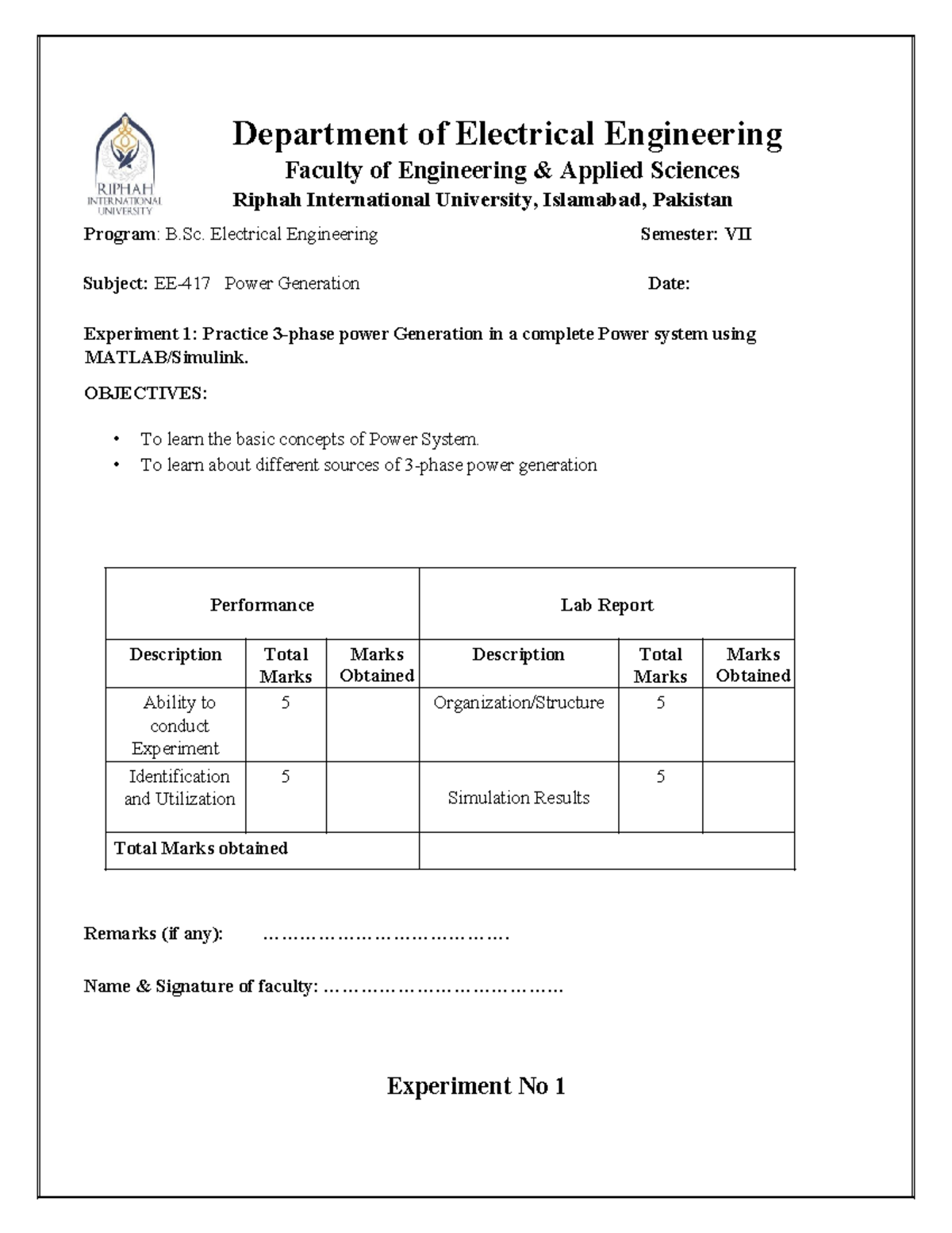 Lab 01 Power Generation - Department of Electrical Engineering Faculty ...