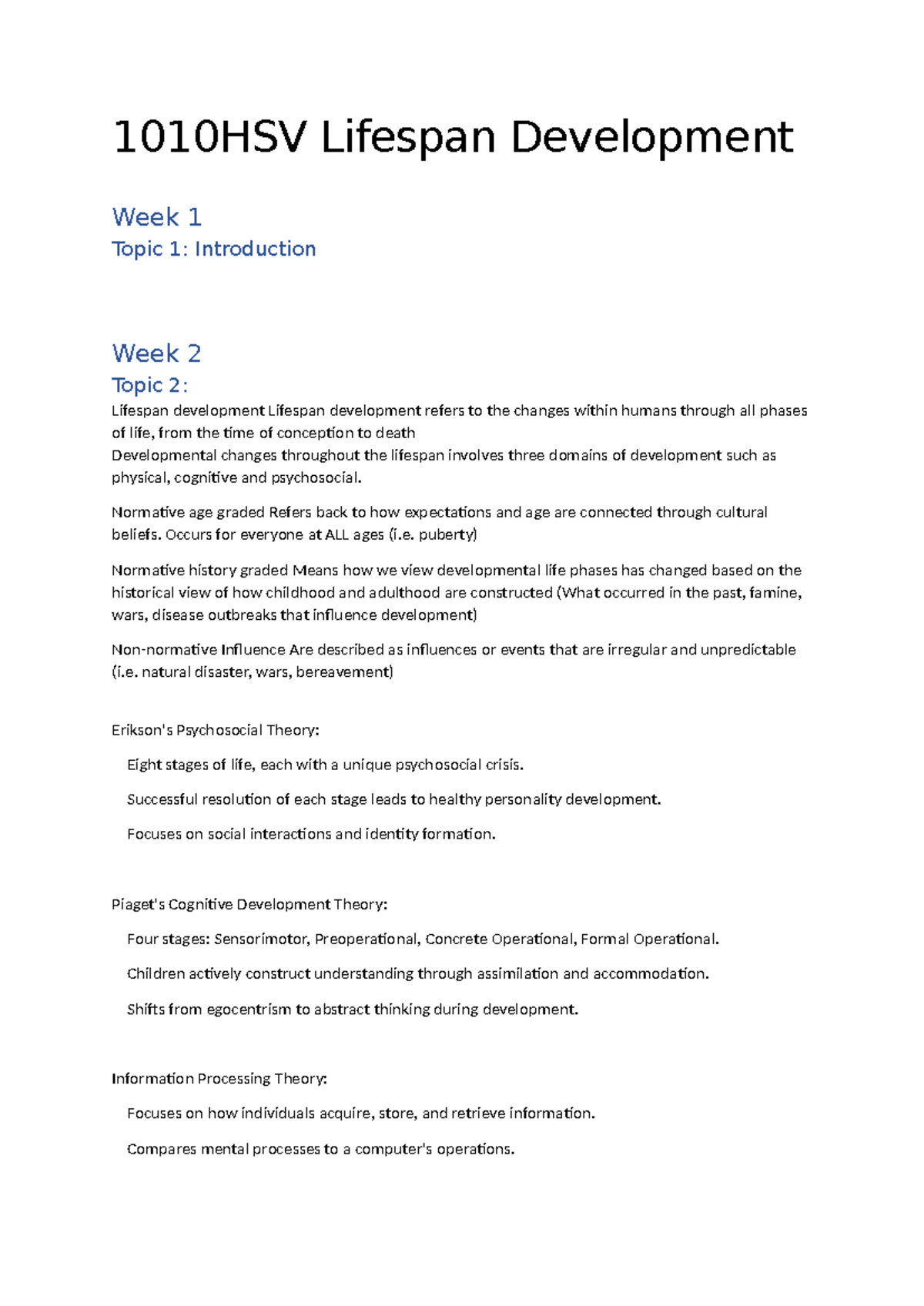 1010HSV Lifespan Development Notes - 1010HSV Lifespan Development Week ...