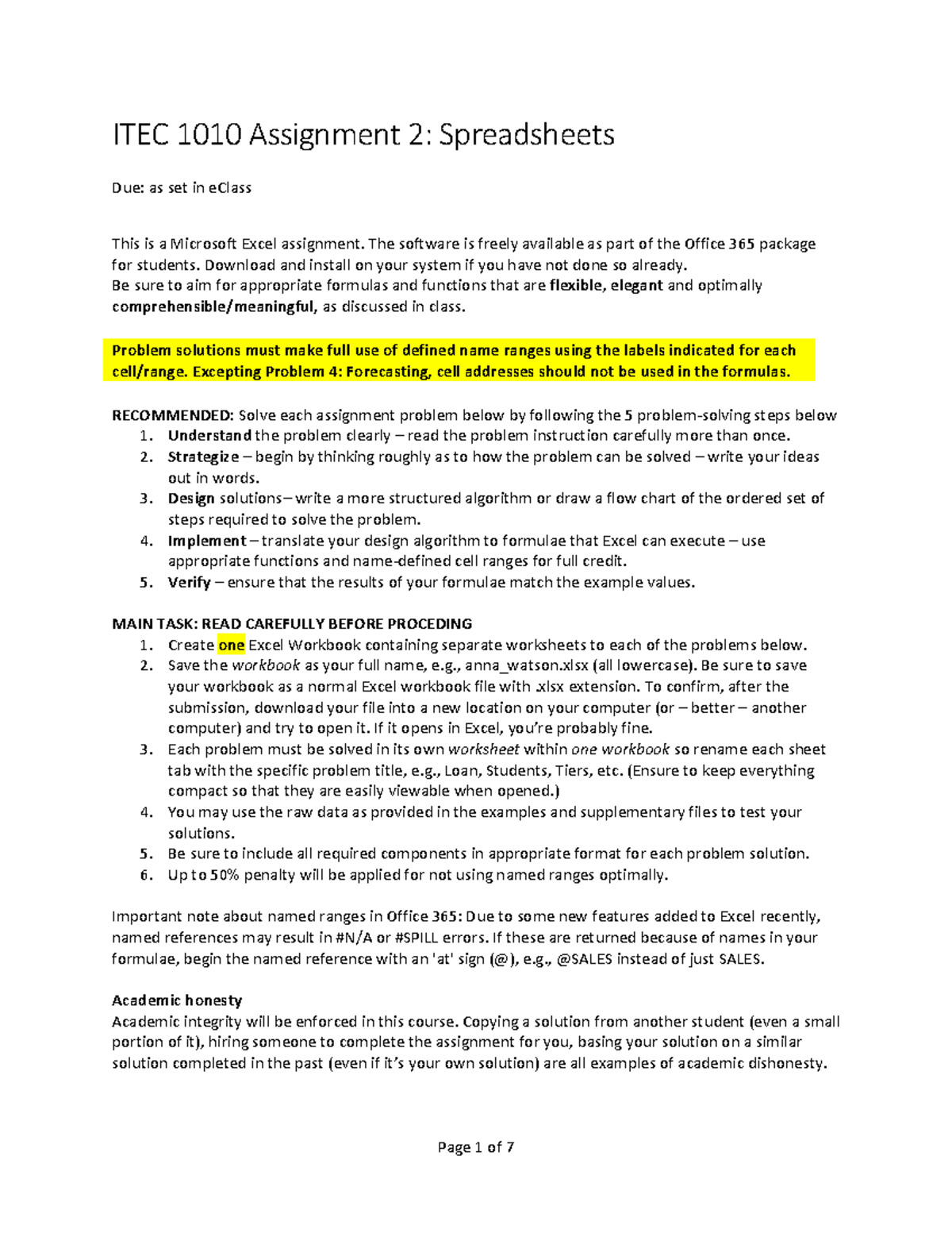 Assignment 2 SU23 - ITEC 1010 Assignment 2: Spreadsheets Due: as set in eClass This is a ...