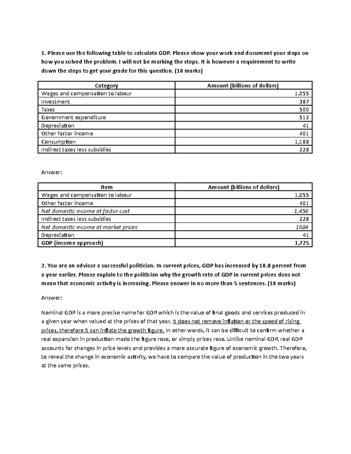 ECON1250 Assignment 2 - 1. Please use the following table to calculate ...