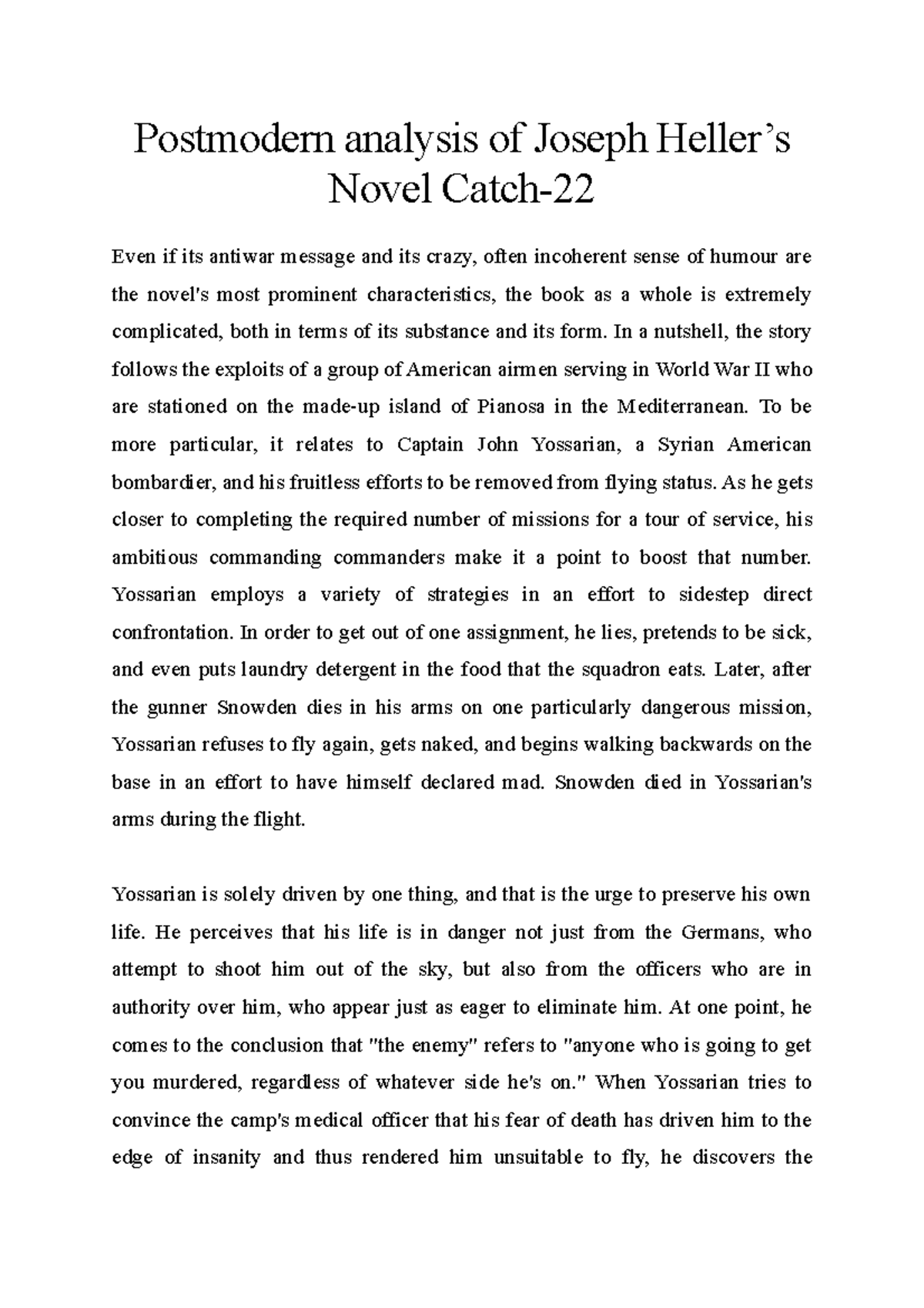 Postmodern analysis of Joseph Heller’s Novel Catch-22 - Postmodern ...