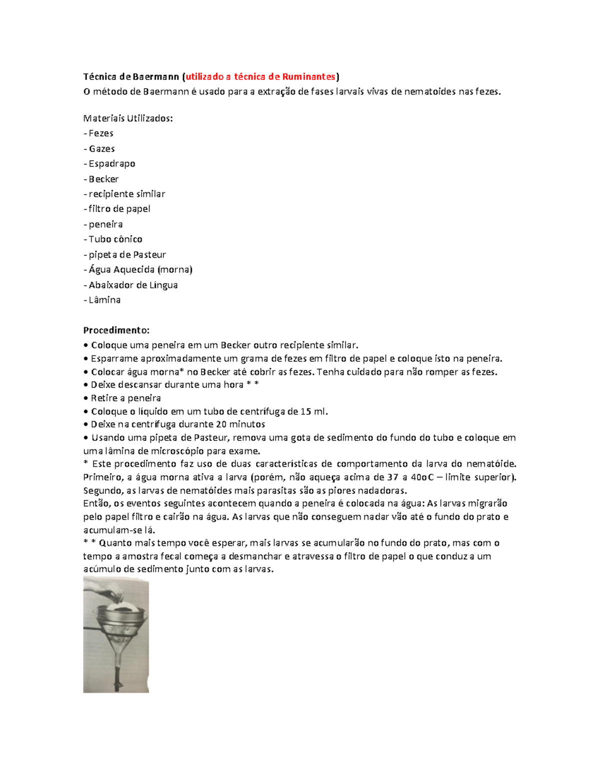 Técnica de Baerman e Coprocultura - Técnica de Baermann (utilizado a ...